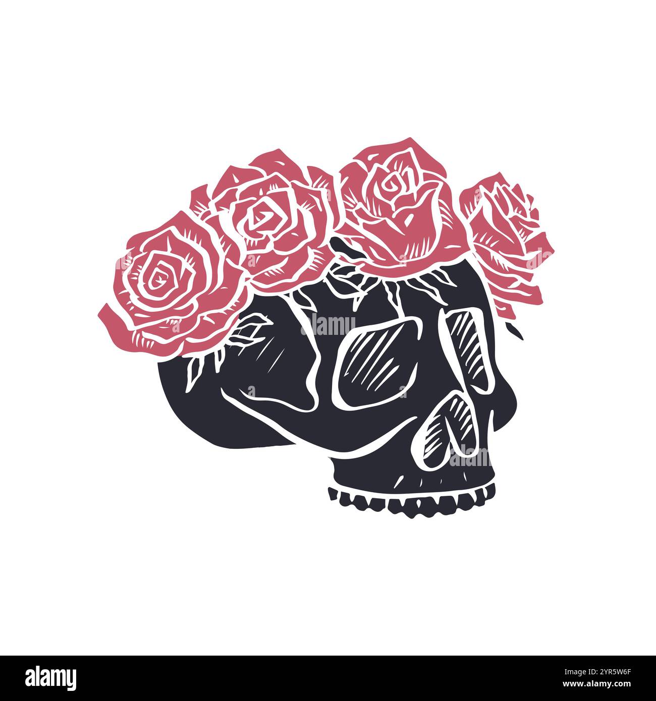 Hand drawn black silhouette floral human skull with rose wreath ...