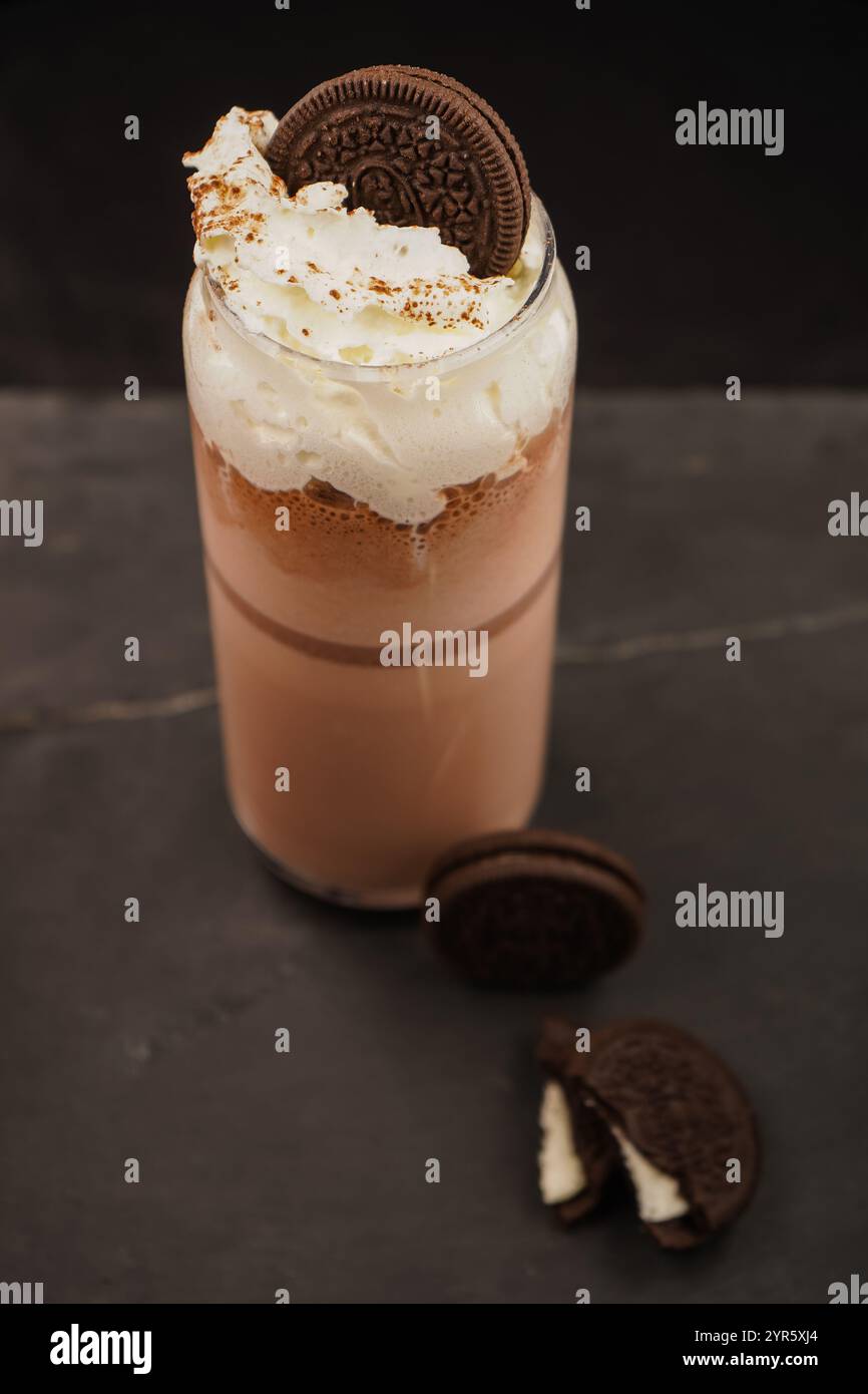 Vanilla milkshake with ice, ice cream, milk foam and ice cubes ...
