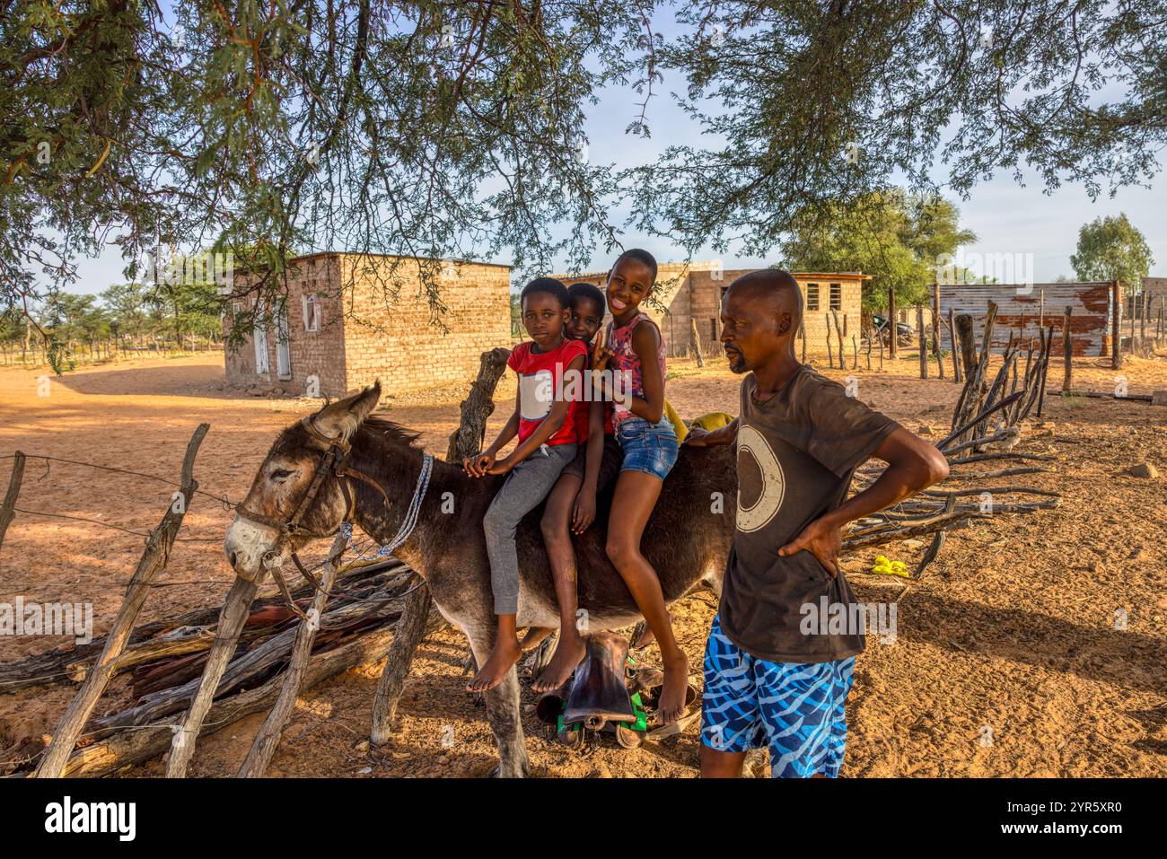 Africa village , african kids riding a donkey at the farm, father ...