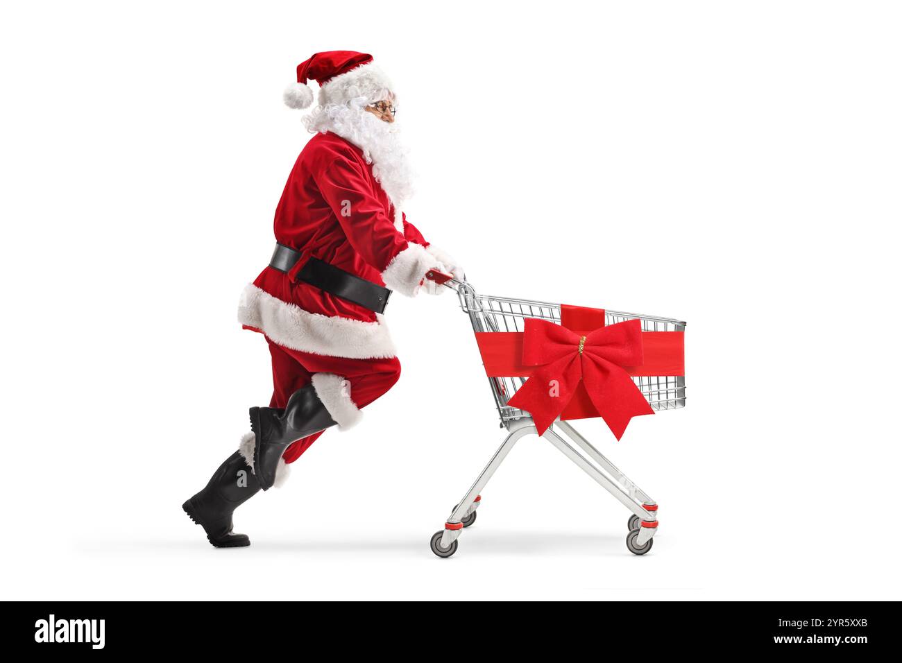 Santa Claus running and pushing a shopping cart with red bow isolated ...