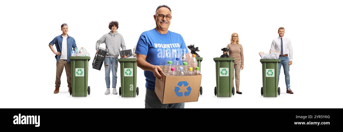 People collecting materials for recycling isolated on white background ...