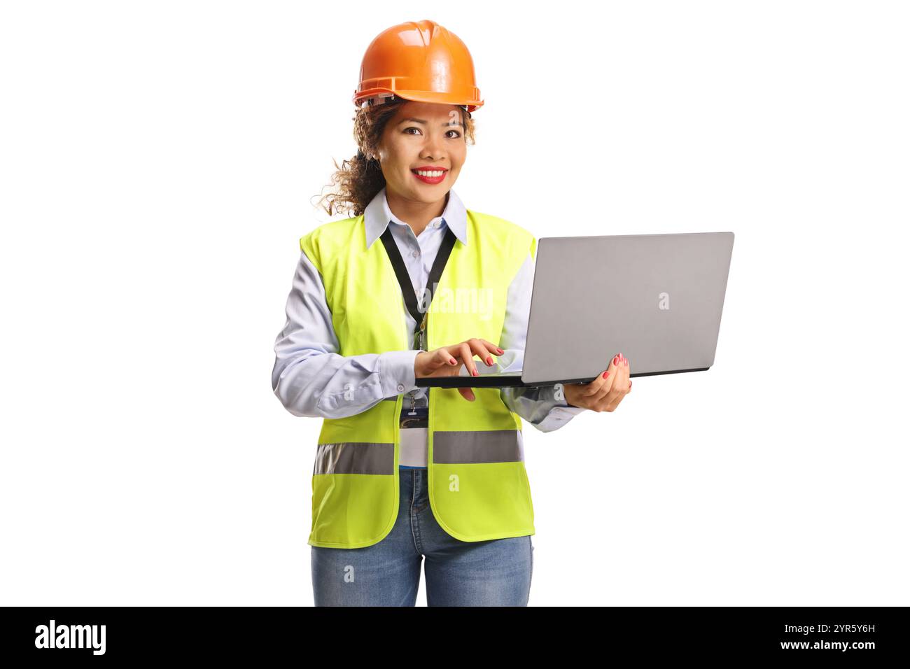 Female asian engineer with a hardhat holding a laptop computer isolated ...