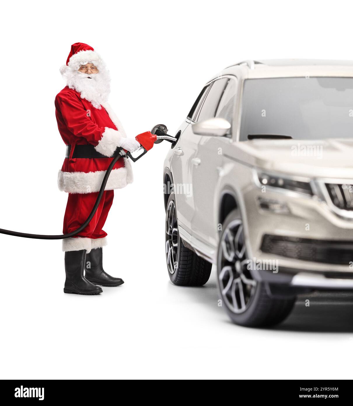 Santa Claus filling a car with petrol isolated on white background ...