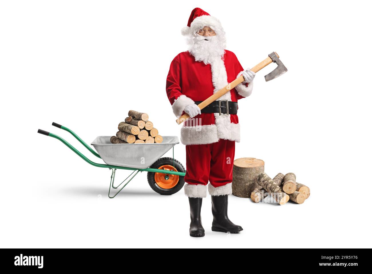 Santa claus with a wheelbarrow and firewood holding an axe isolated on ...
