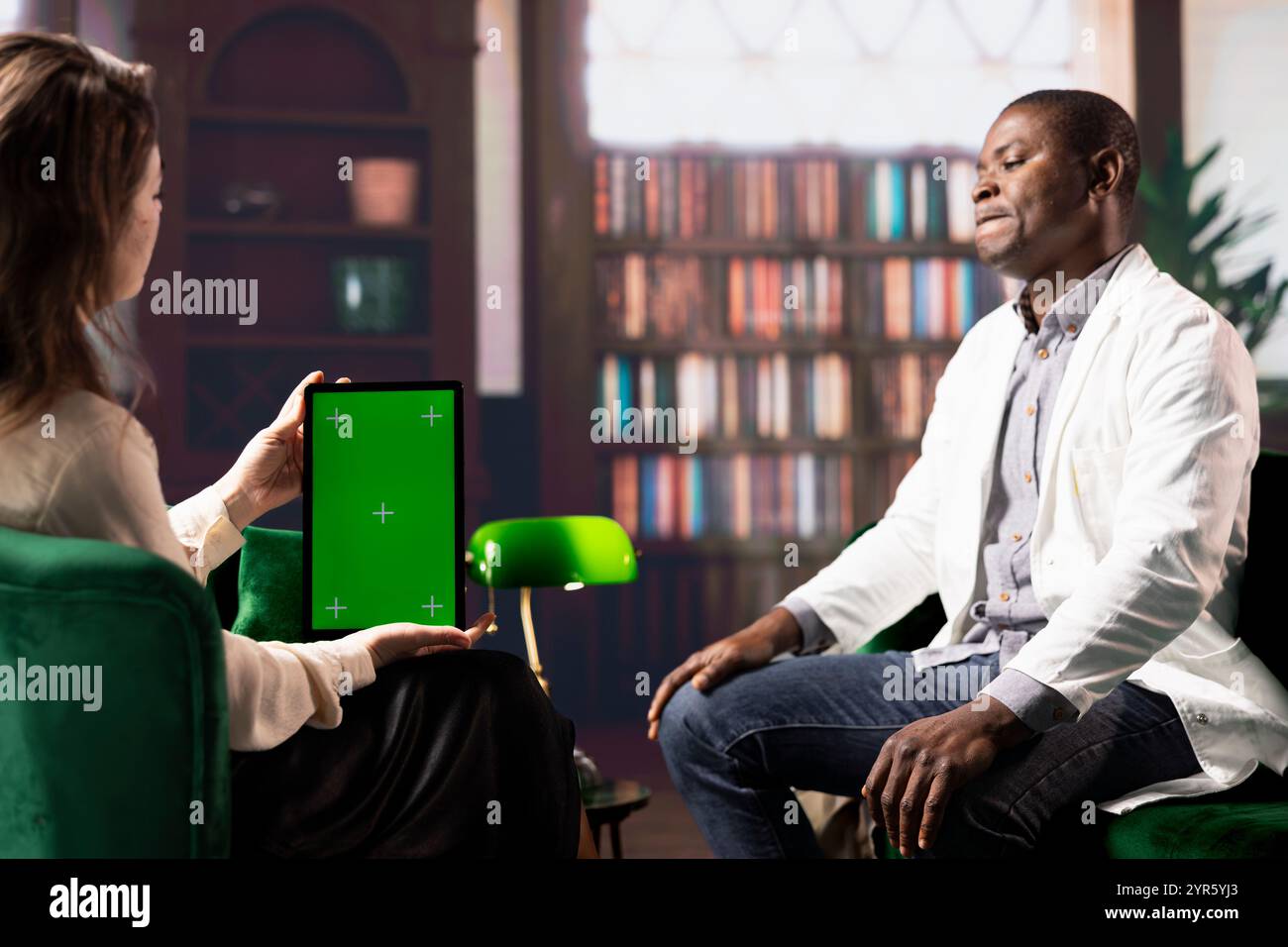 African American medic sharing his feelings next to green screen ...