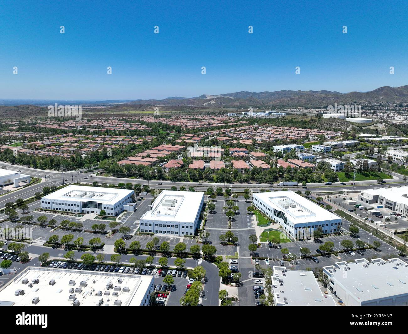 Aerial view of business park with mixed use facility service building ...