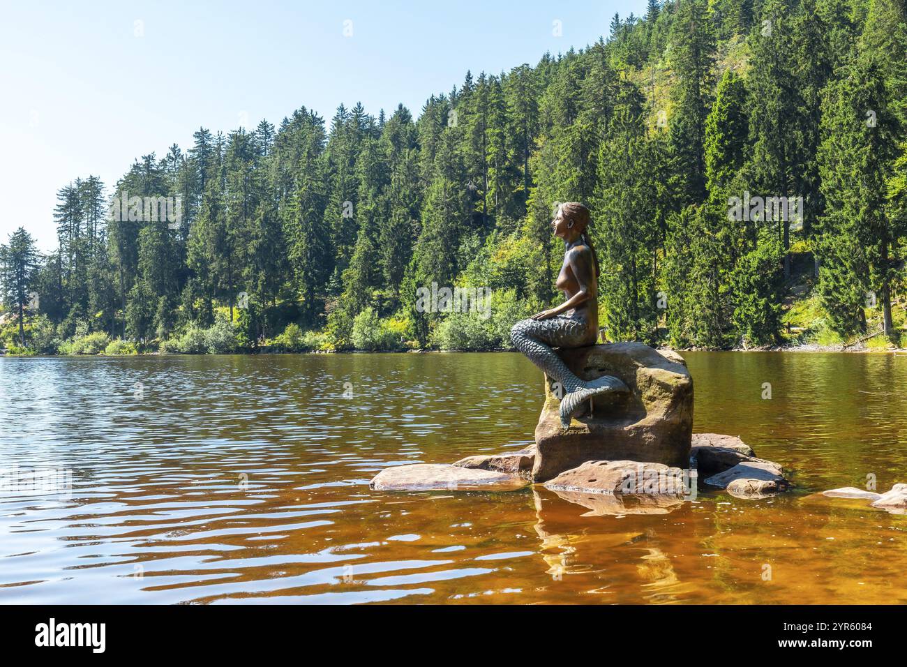 Mermaid sculpture on the lake in summer at Mummelsee, Black Forest ...