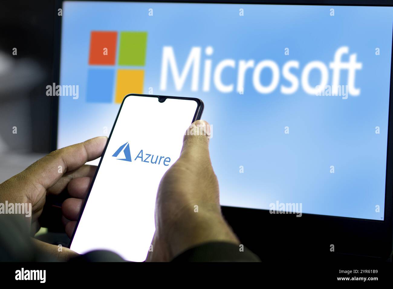 Smart phone with the Microsoft Azure logo, is a cloud service offered ...