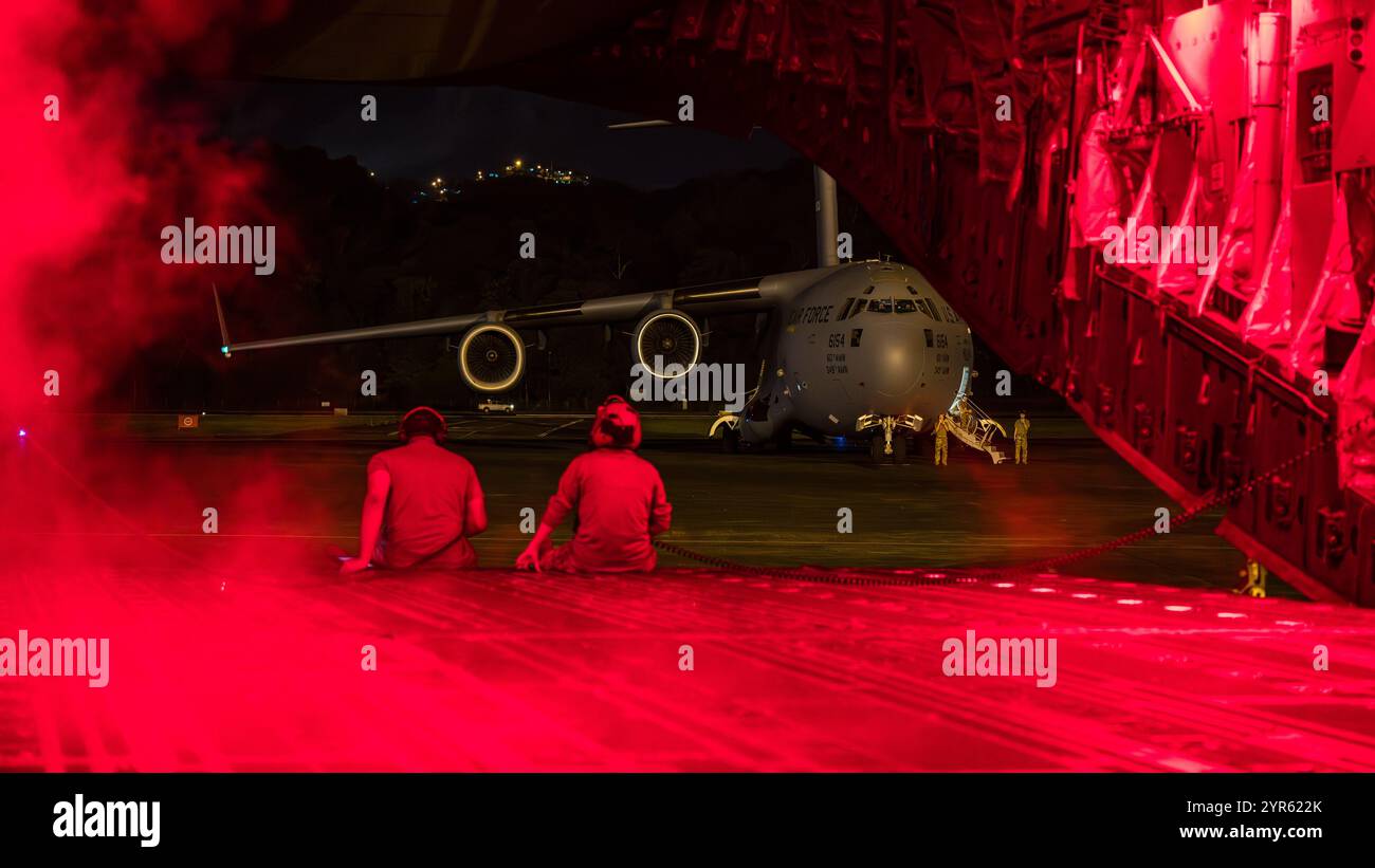 Two C-17 Globemaster III loadmasters scan for hazards at an undisclosed location within the U.S ...