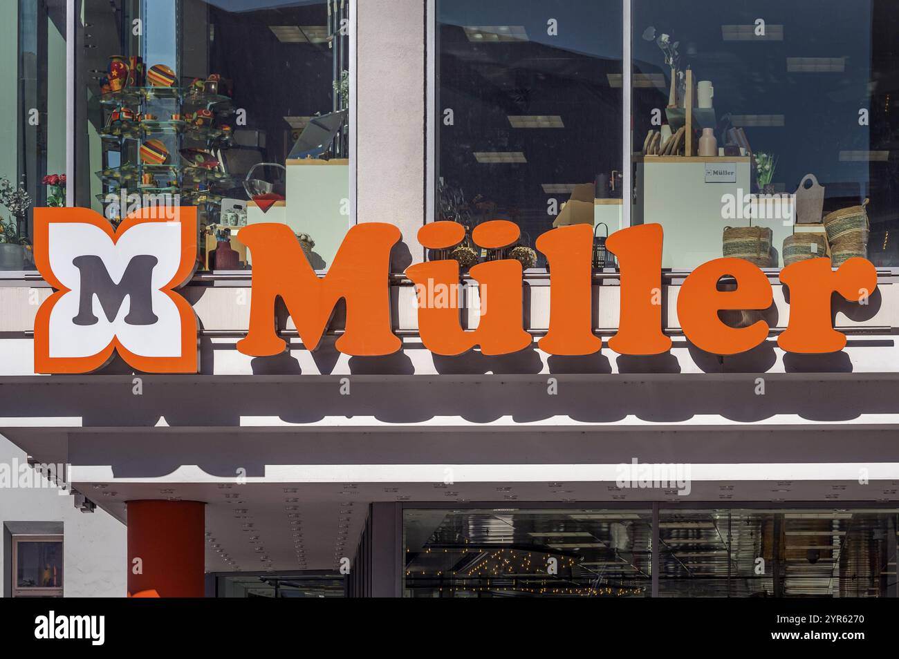 Lettering and logo of Drogerie Mueller, Allgaeu, Bavaria, Germany ...