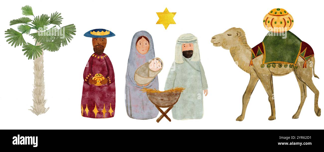 Wise man with a gift, camel and the holy family Christmas nativity ...