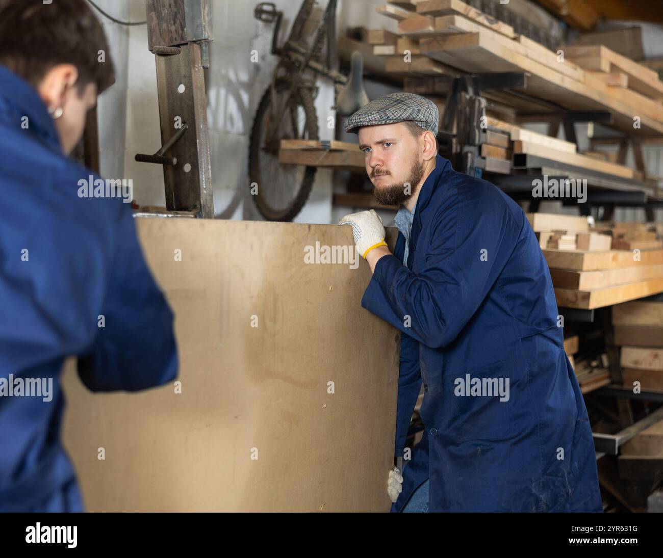 Two workers at a furniture factory move a sheet of plywood onto planing ...