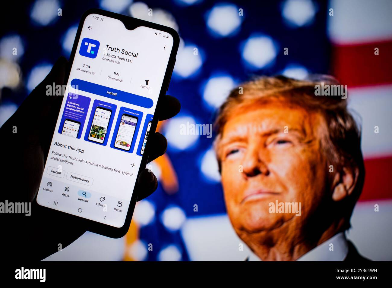 SEATTLE, WA, US - APR 3, 2025: A man holds smartphone with Truth Social ...