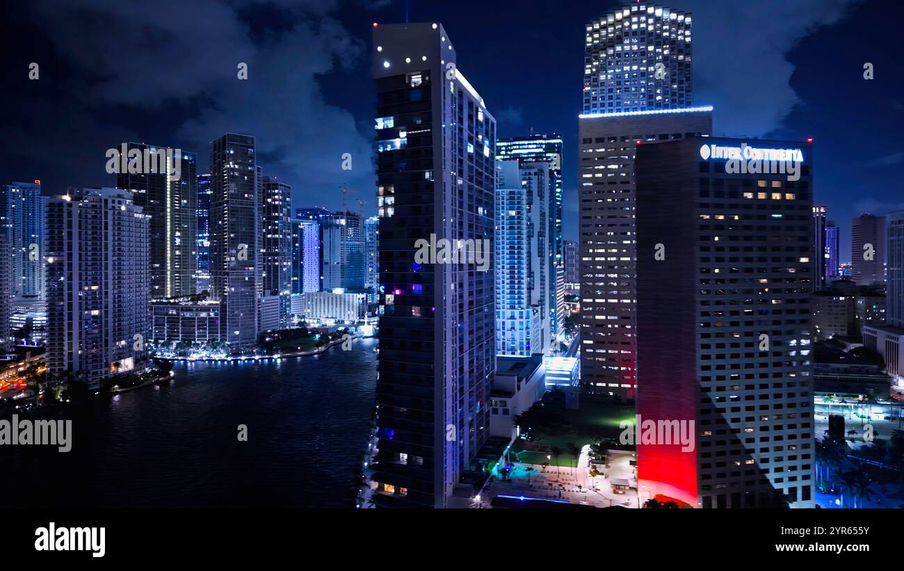 Downtown Miami skyline with Miami River by night aerial view - MIAMI ...