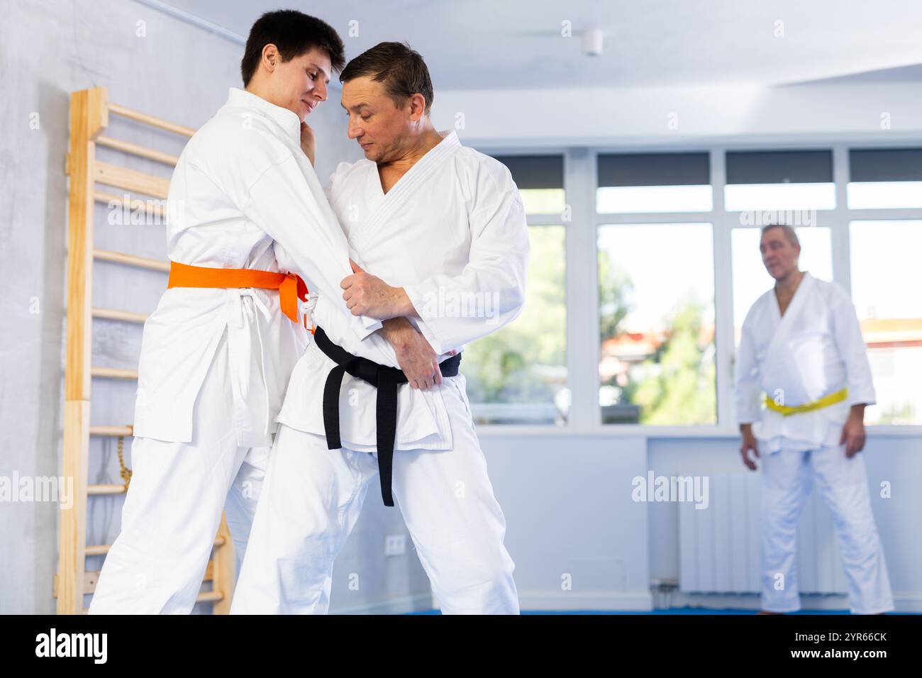 Jiu-jitsu master demonstrating basic grabs and throws in sparring with ...