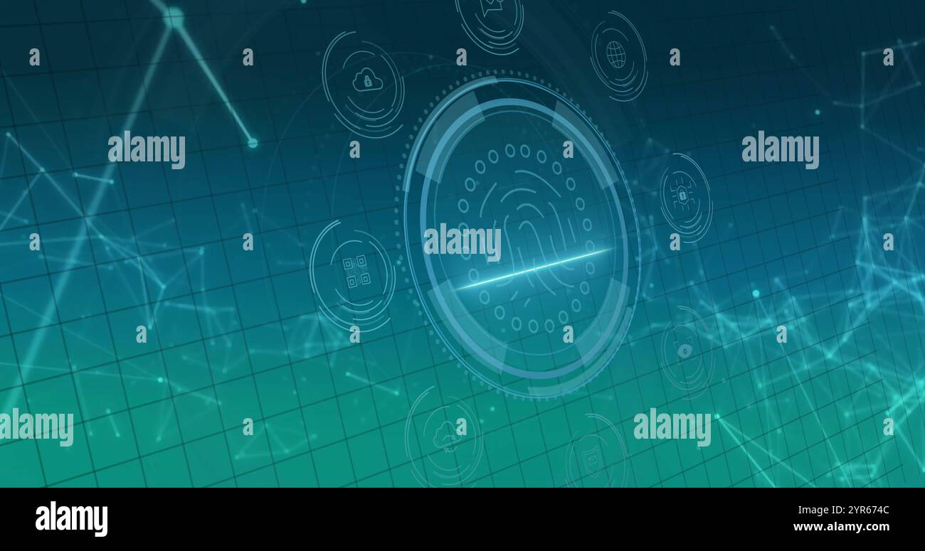 Image Of Data Protection Text And Biometric Security Scanner Over Networks And Processing Data