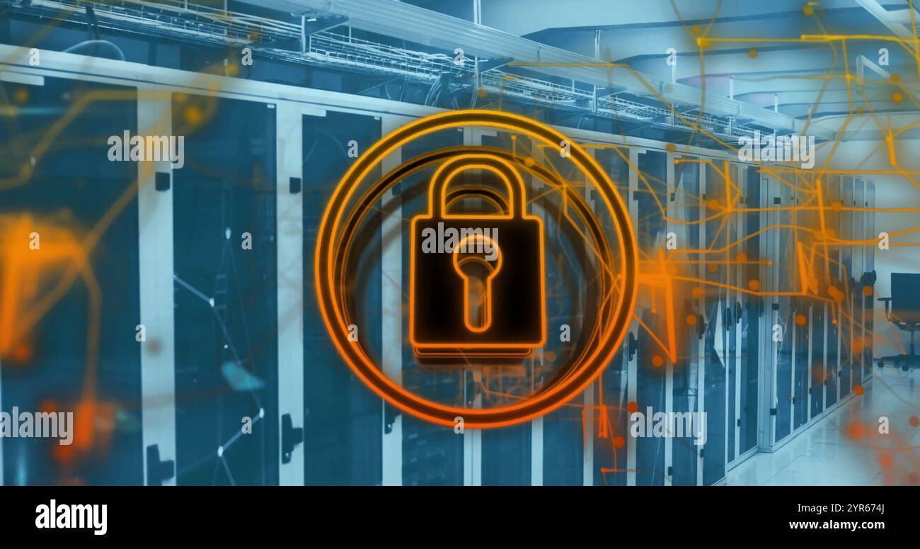 Image of padlock icon and communication networks over server room Stock Photo - Alamy
