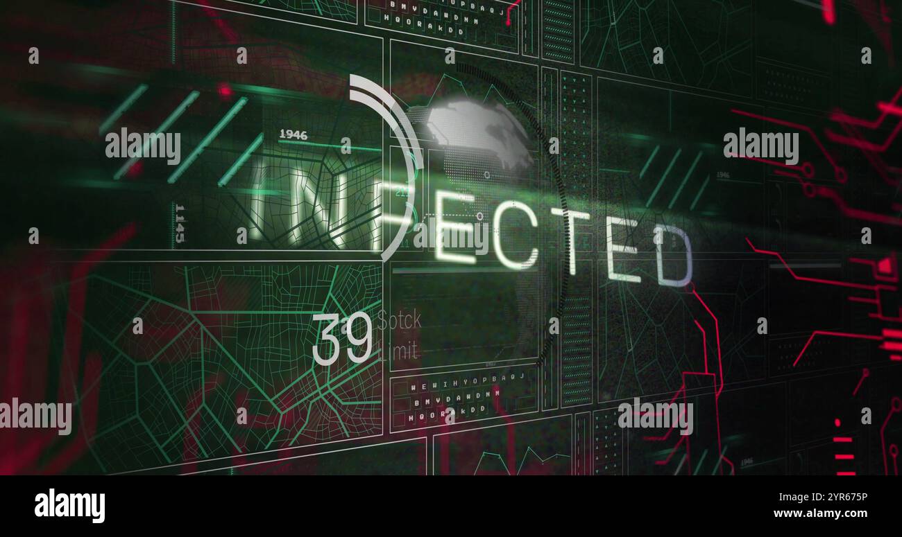Image of infected text over globe and processing data on black interface screen Stock Photo - Alamy