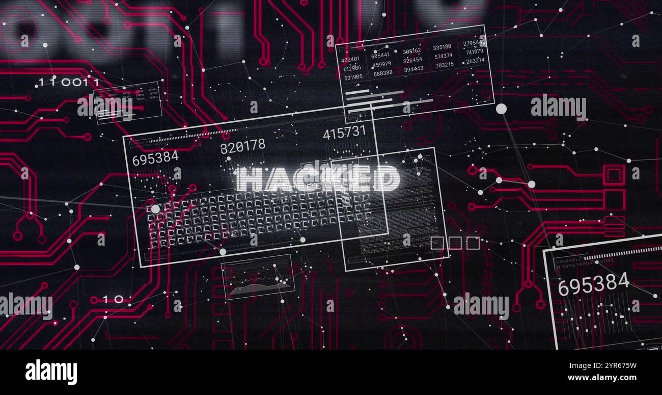 Image of hacked text over processing data on interface screens over night sky. Network, data ...