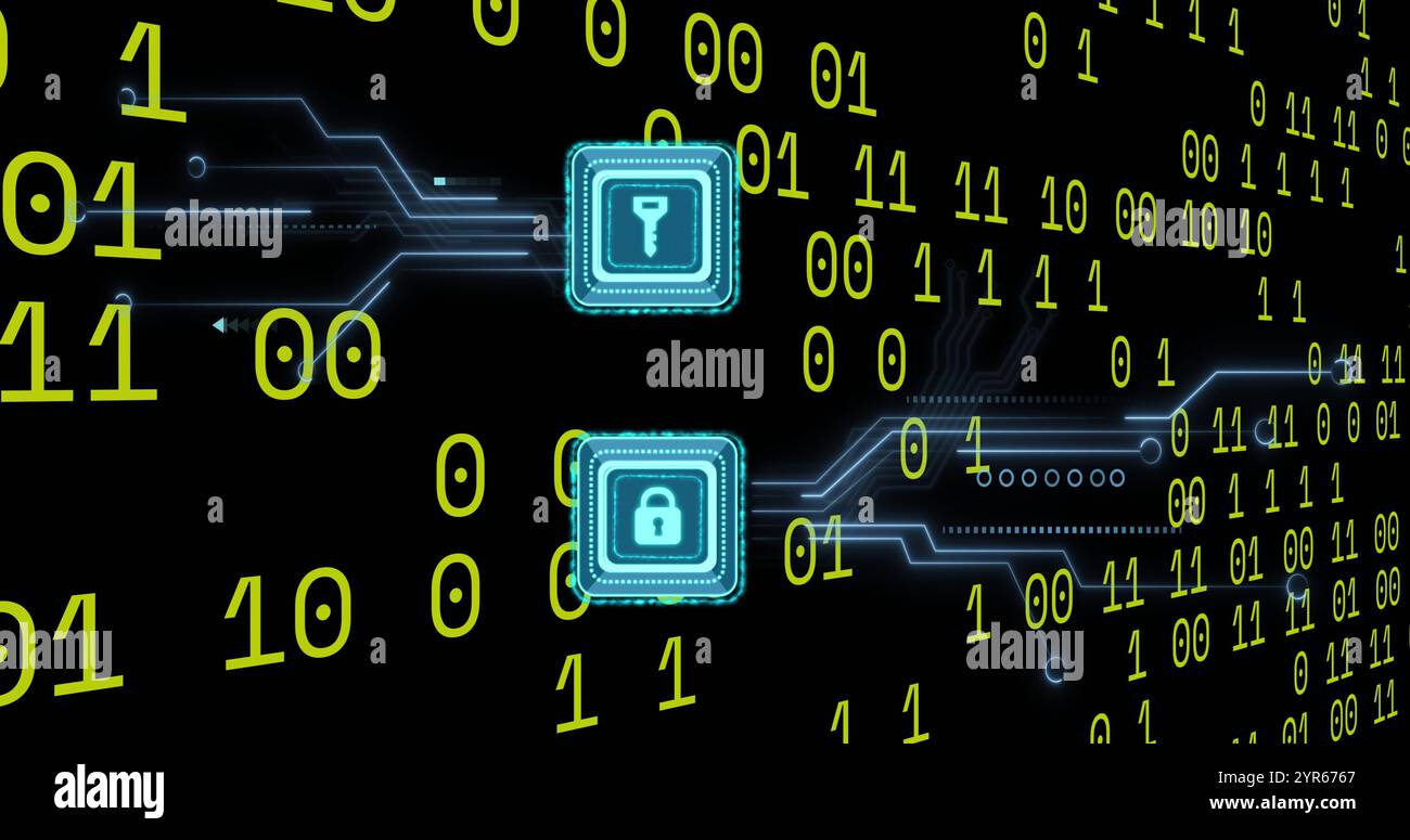 Image of key, padlock icons, binary coding over circuit board on black background Stock Photo ...