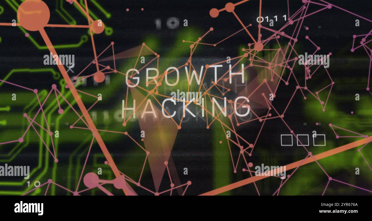 Image of growth hacking text over communication network and motherboard on black Stock Photo - Alamy