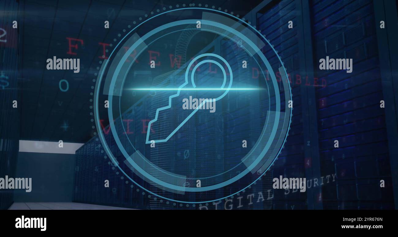 Image of key icon and security scanner interface over processing data ...