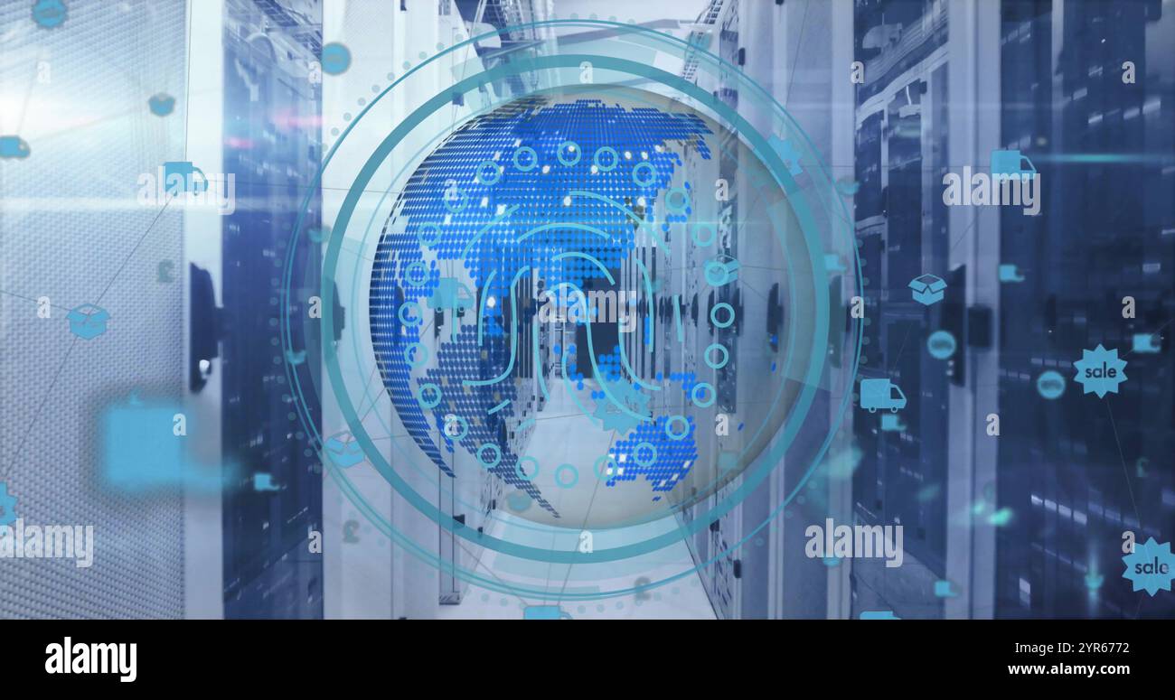 Image of security scanner interface and global network over server room ...