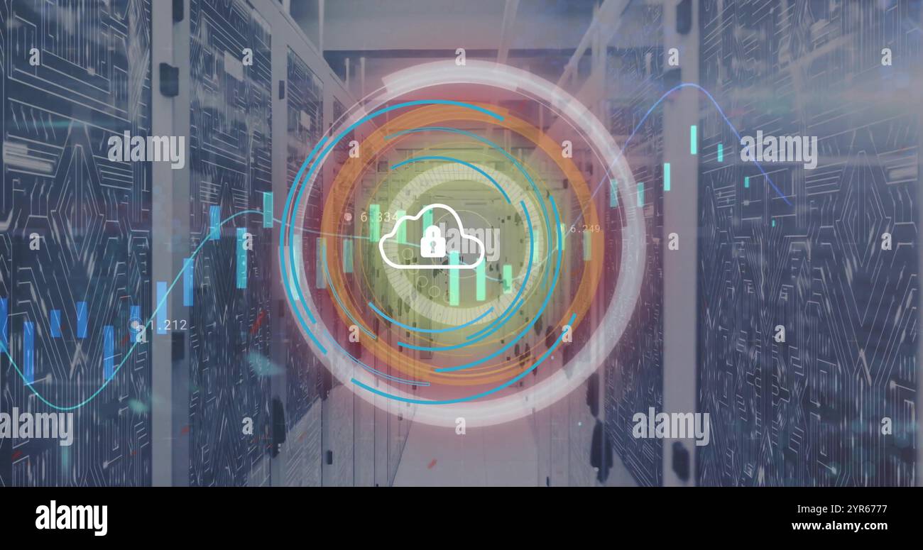 Image of cloud and padlock icon, security scanner and processing data ...