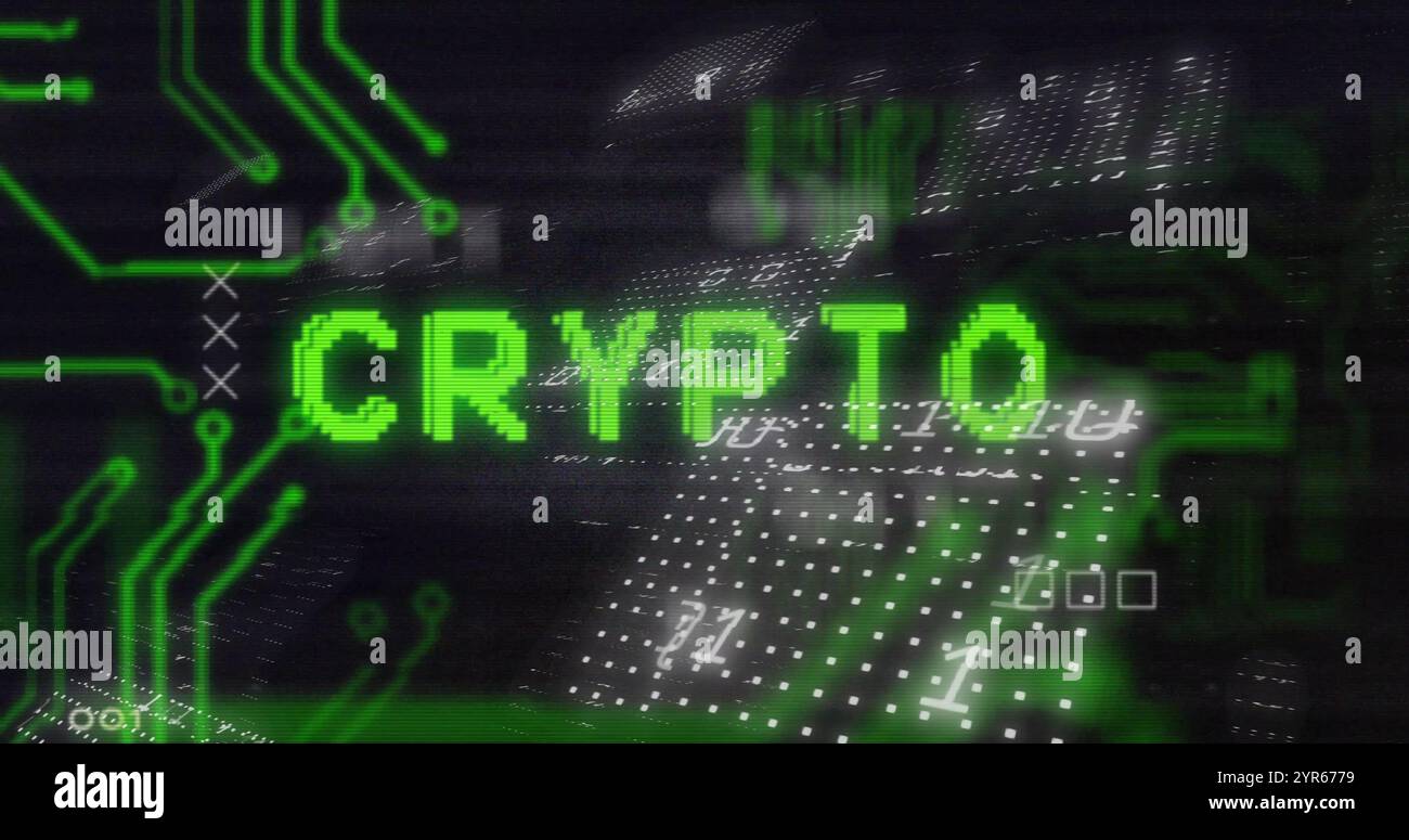 Image of crypto text over motherboard network and binary data processing on black Stock Photo ...