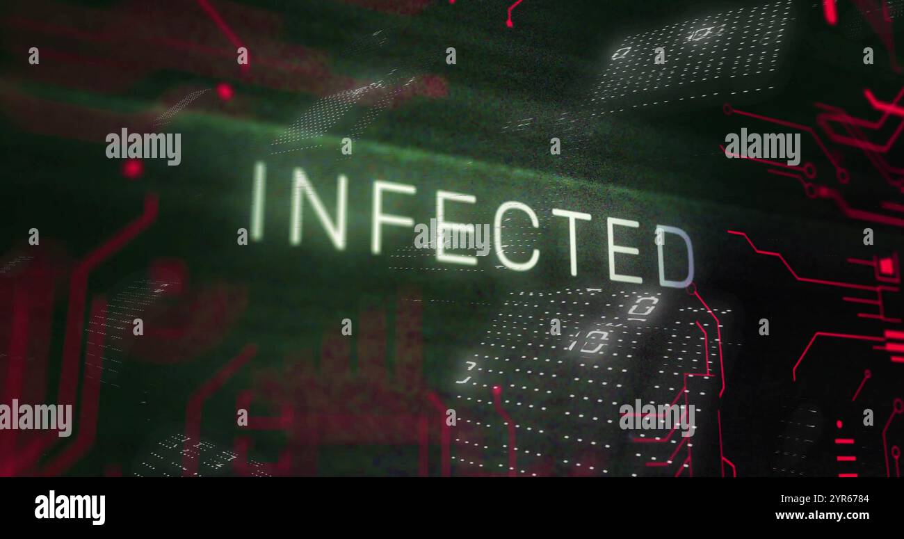 Image of infected text over scanner and processing data on black interface screen Stock Photo ...
