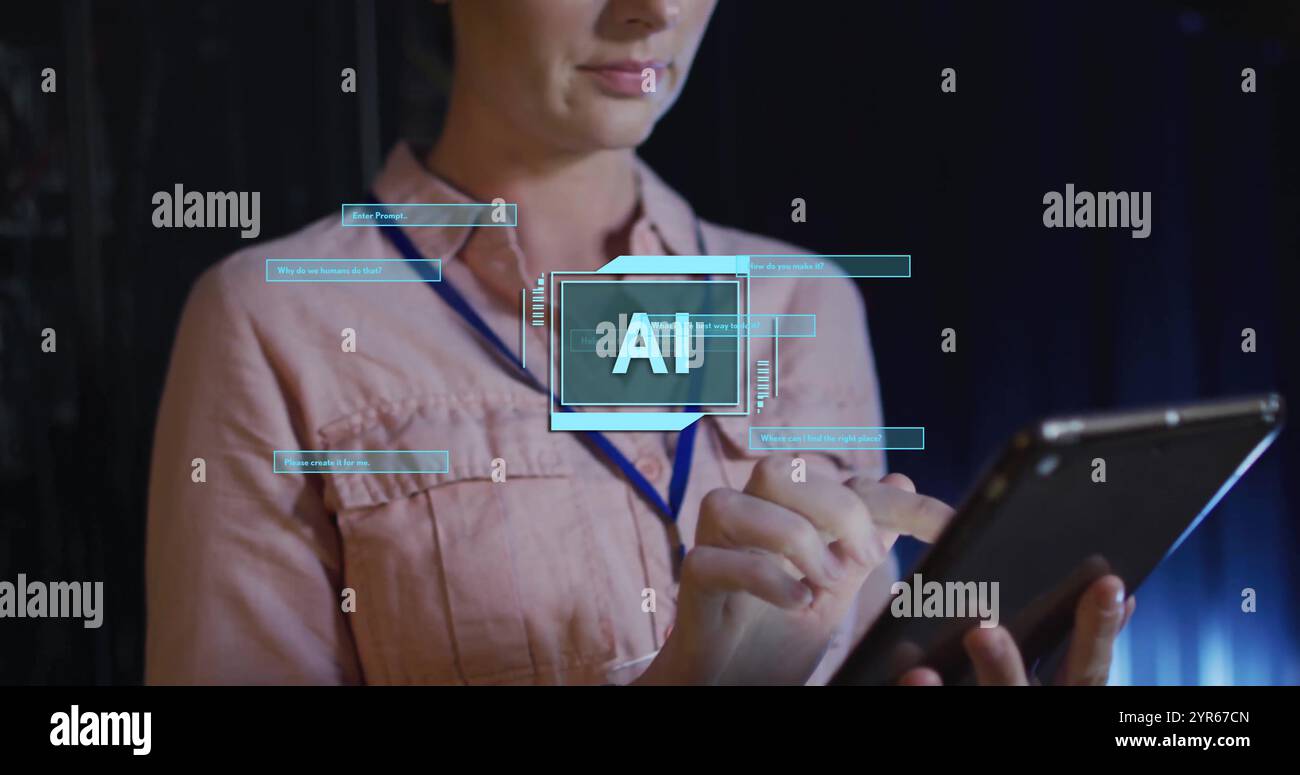 Image of ai text, scanner and dialogue boxes over caucasian female technician in server room ...