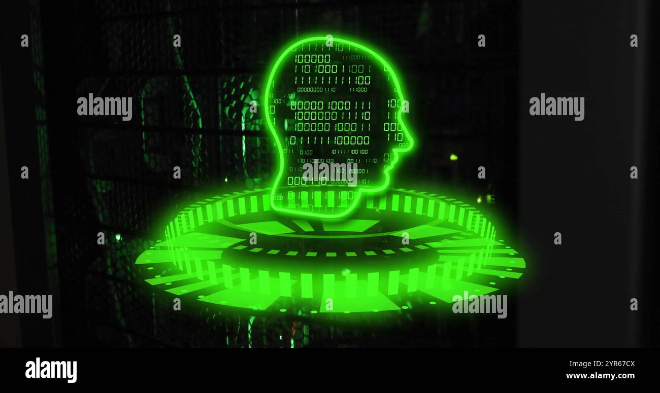 Image of glowing green circular scanner and head with binary data ...