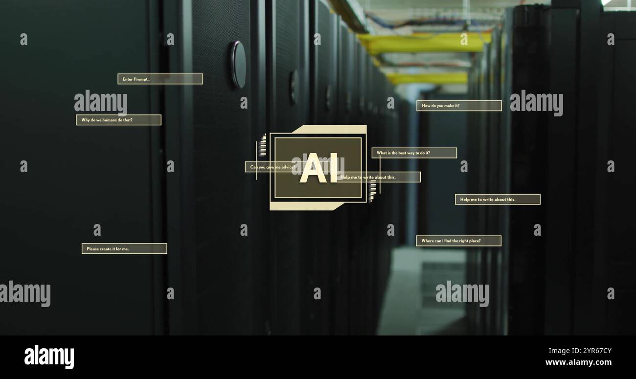 Image of ai text on processing scanner with interface dialogue boxes over dark server room Stock ...
