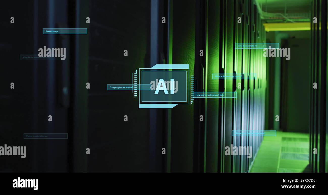Image of ai text on processing scanner with interface dialogue boxes over dark server room Stock ...