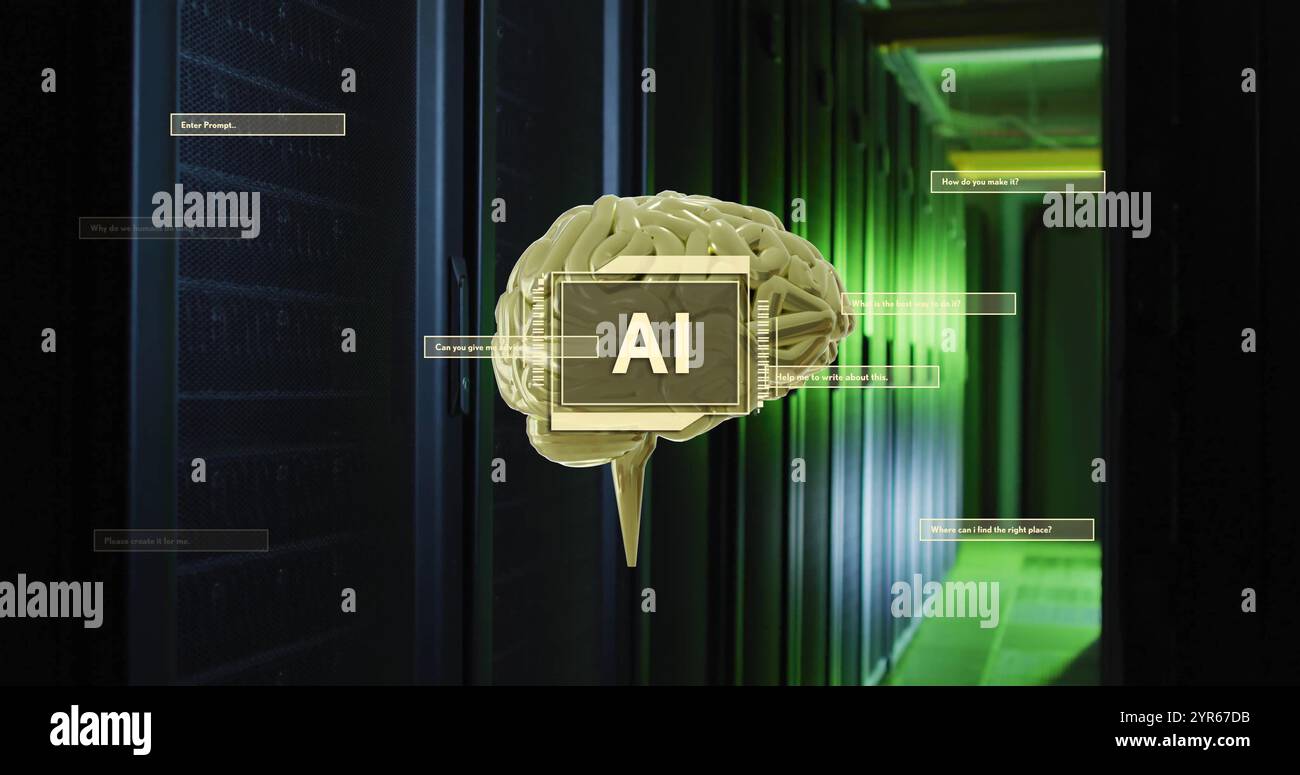 Image of ai text, scanner, rotating brain and dialogue boxes over dark server room Stock Photo ...