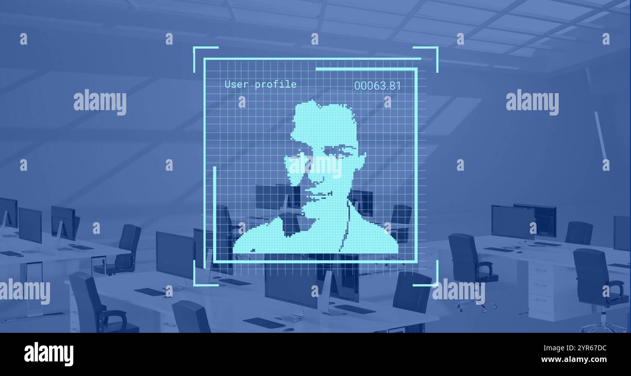 Image of data processing with portraits over desks with computers on ...