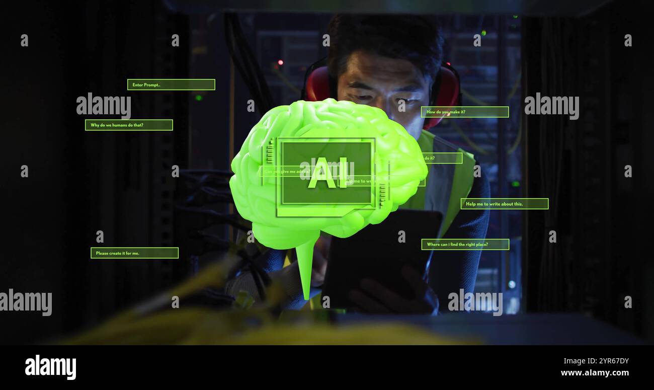 Image of ai text, scanner, brain and dialogue over asian male technician in dark server room ...