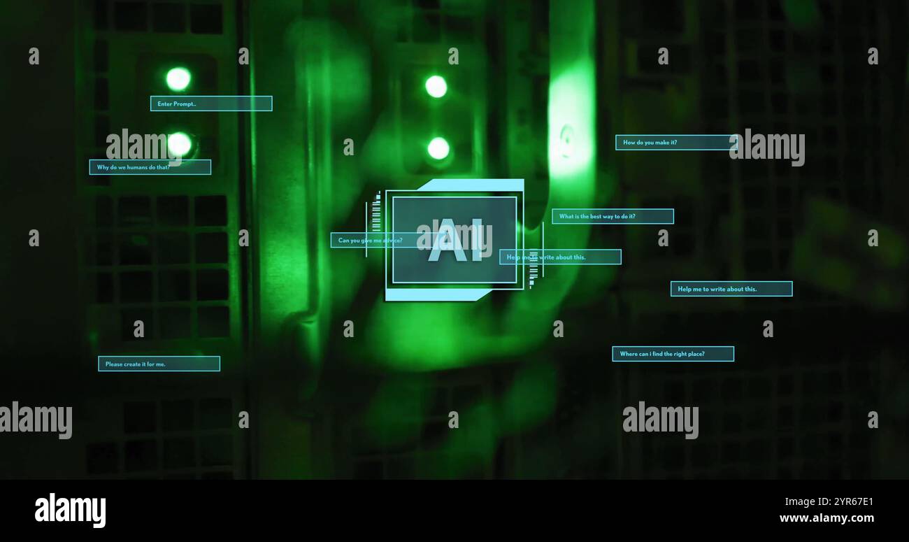 Image of ai text and scanner processing with dialogue boxes over server ...