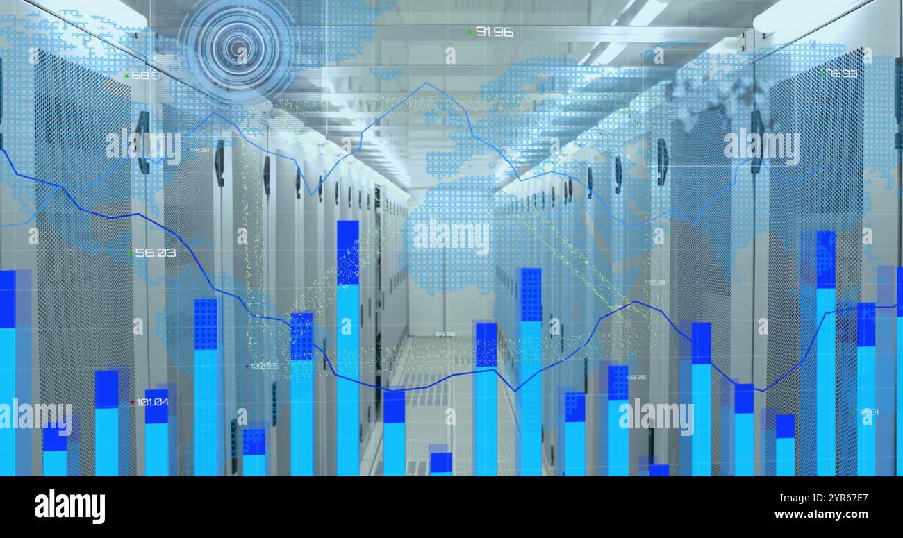 Image of graphs and circular scanners processing data over server room Stock Photo - Alamy