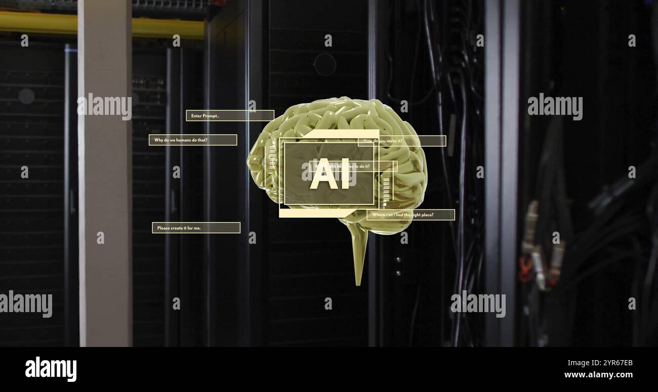 Image Of Ai Text On Scanner With Brain And Interface Dialogue Boxes Over Dark Server Room