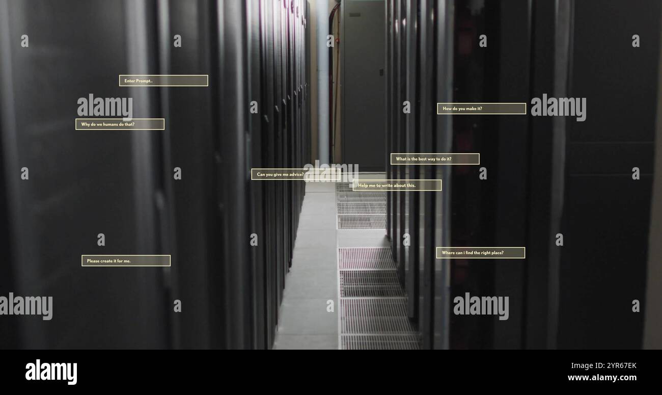 Image of ai interface dialogue boxes over computer server room Stock Photo - Alamy