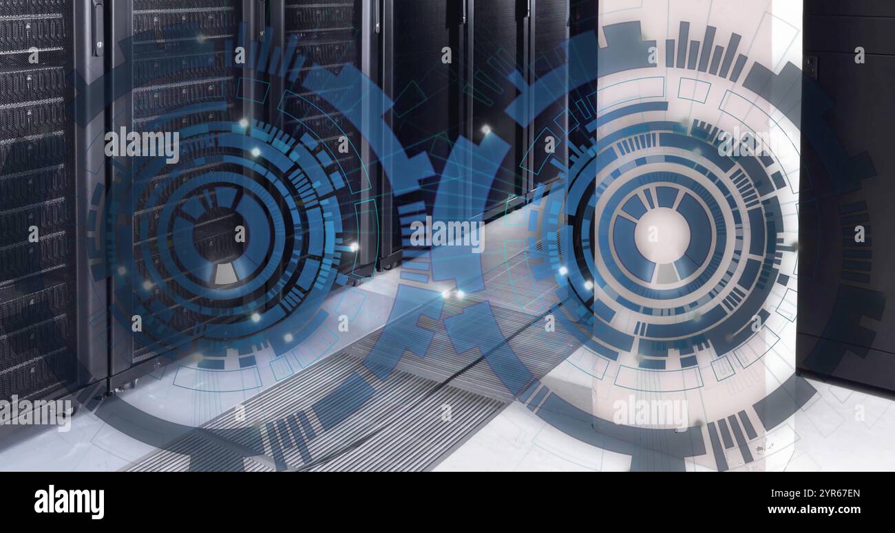 Image of two blue circular scanners processing over server room Stock Photo - Alamy