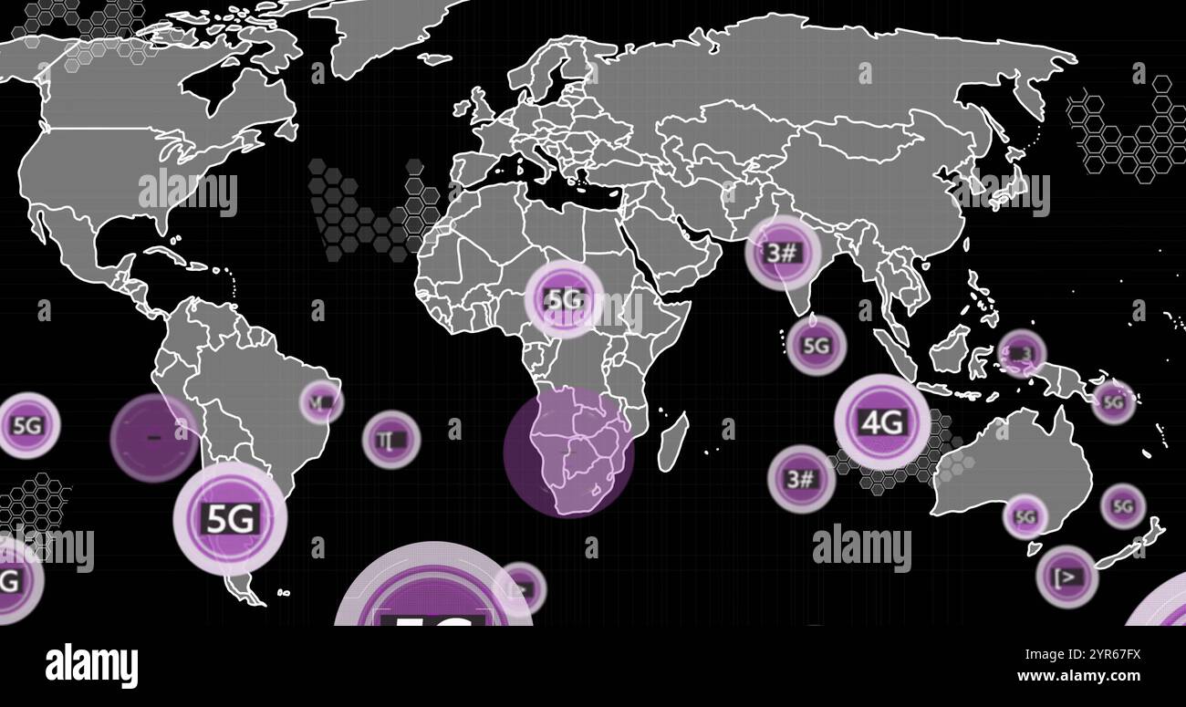Image of 5g text, digital data processing and world map over black ...