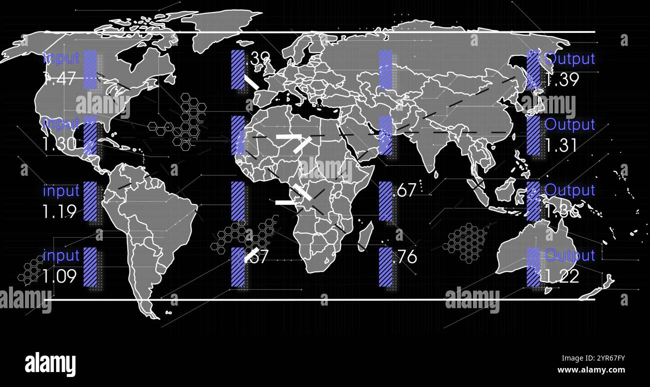 Image of digital data processing and world map over black background ...