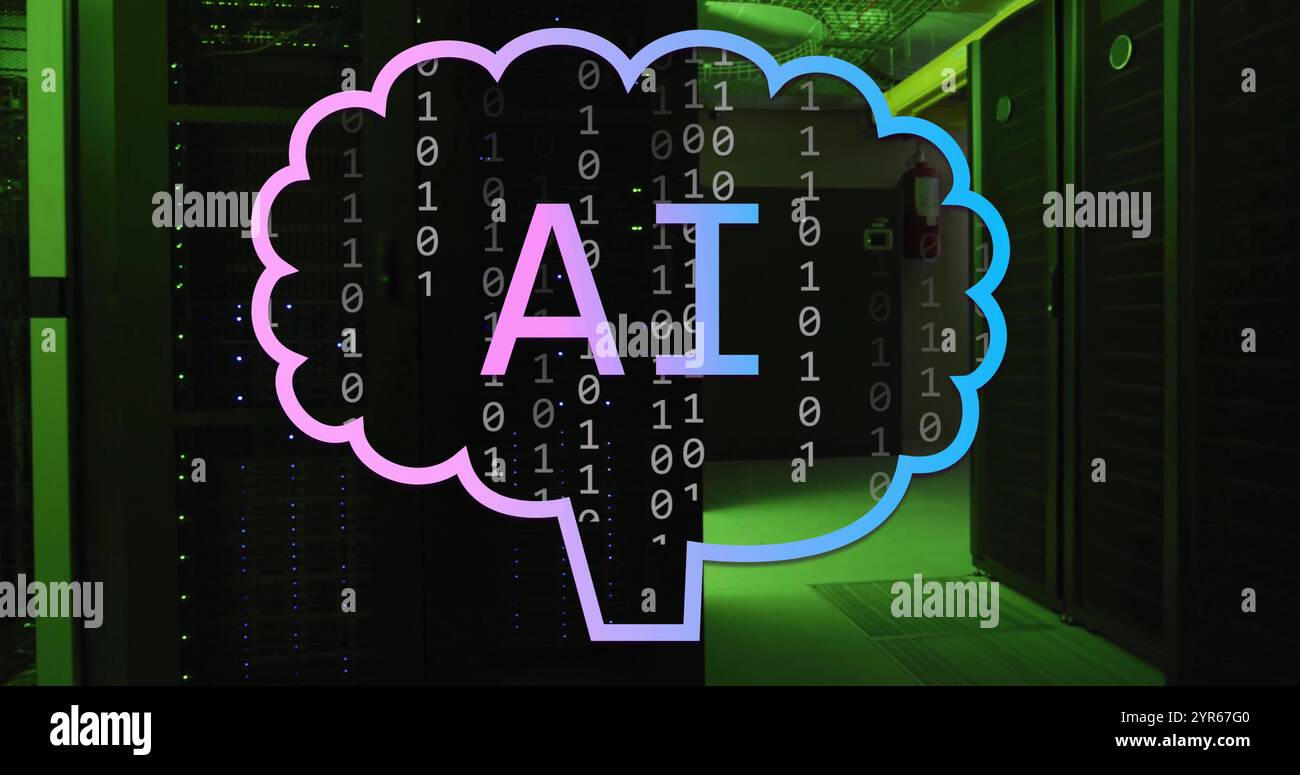 Image Of Ai Text And Brain Icon Over Binary Data Processing And Server