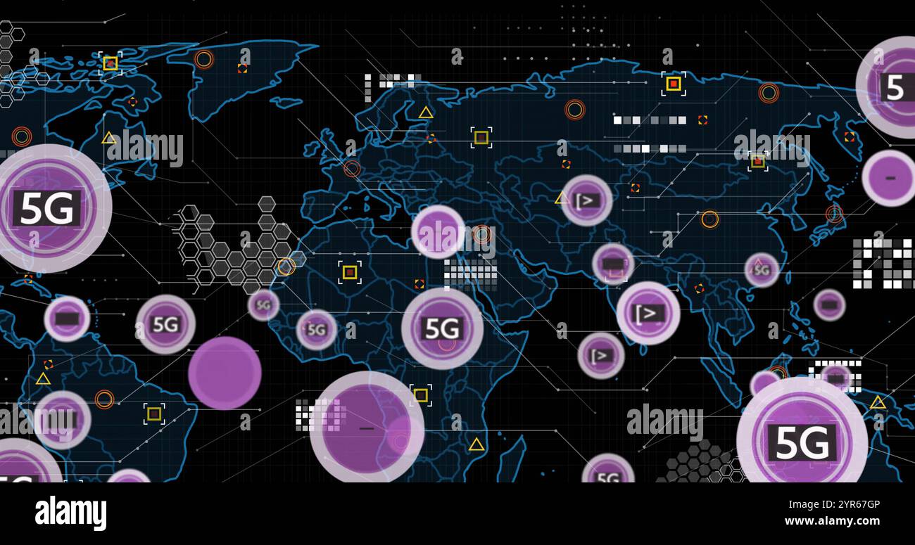 Image of 5g text, digital data processing and world map over black background Stock Photo - Alamy