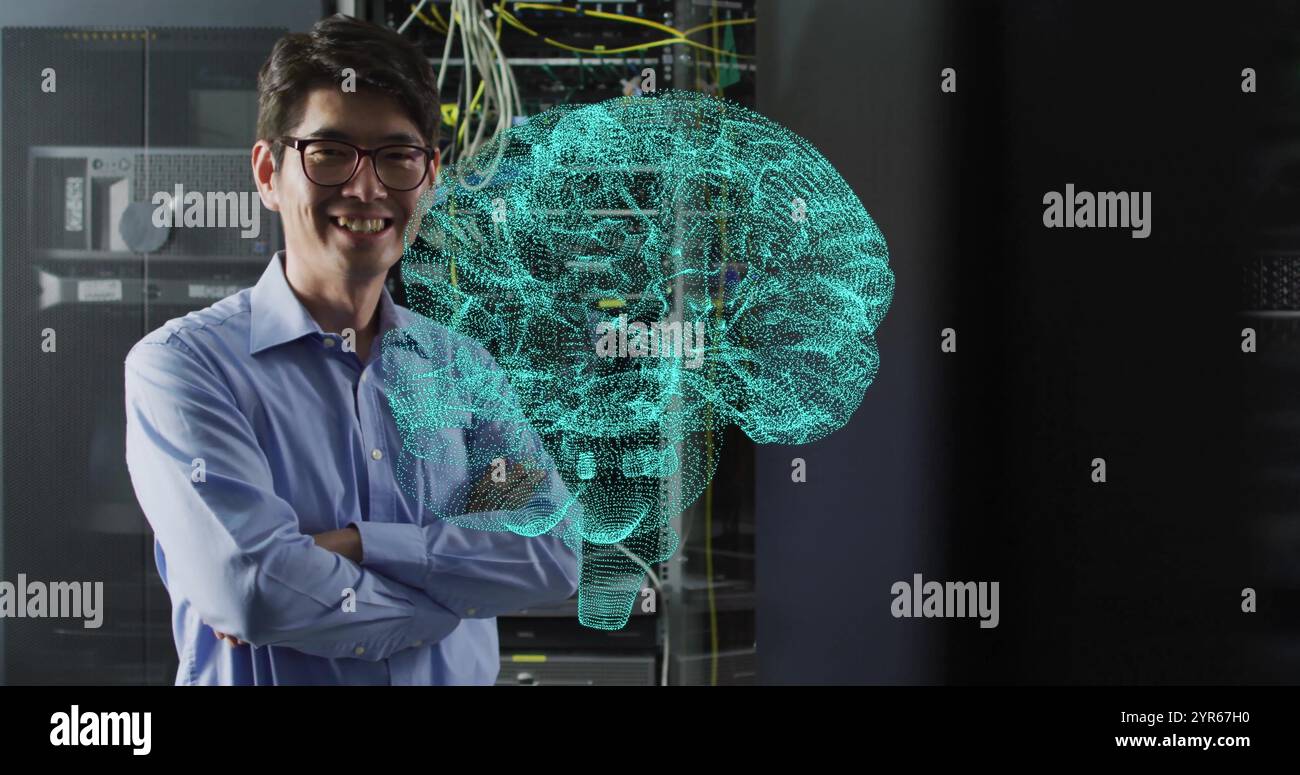 Image of glowing brain network over smiling asian male technician in dark server room ...