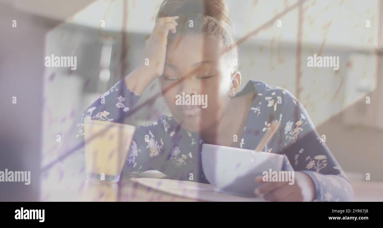 Image of shadow of window and rain over african american girl asleep at ...