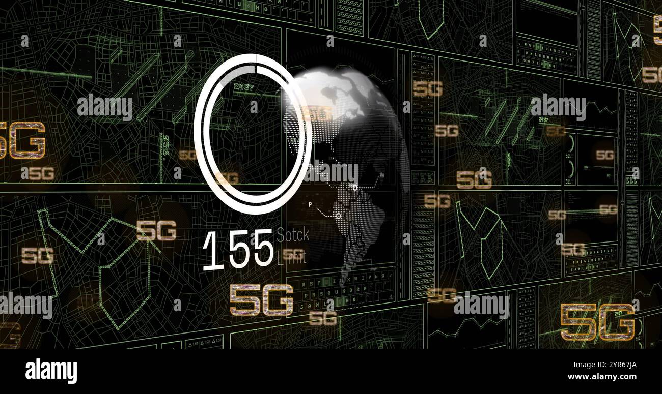 Image of 5g text, digital data processing and globe over black ...