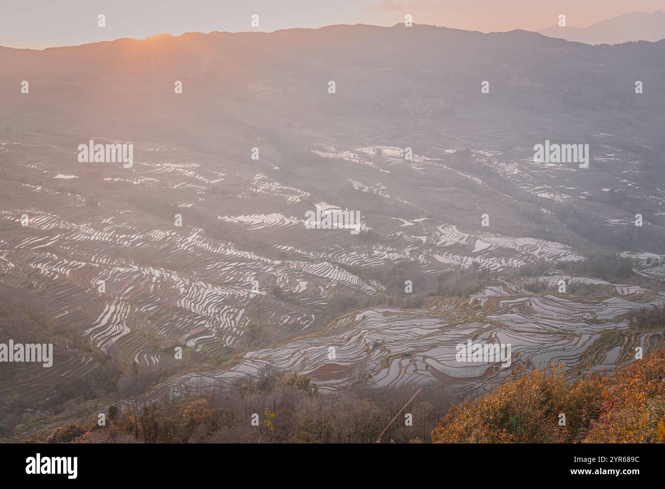 Abstract shot of Bada rice terraces filled with water, Yuanyang, Yunnan ...